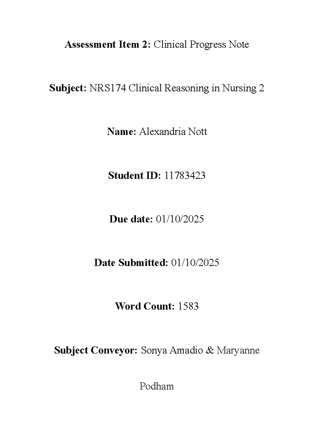 NRS174 Clinical Progress Note: Patient Barry Rogers Assessment - Studocu