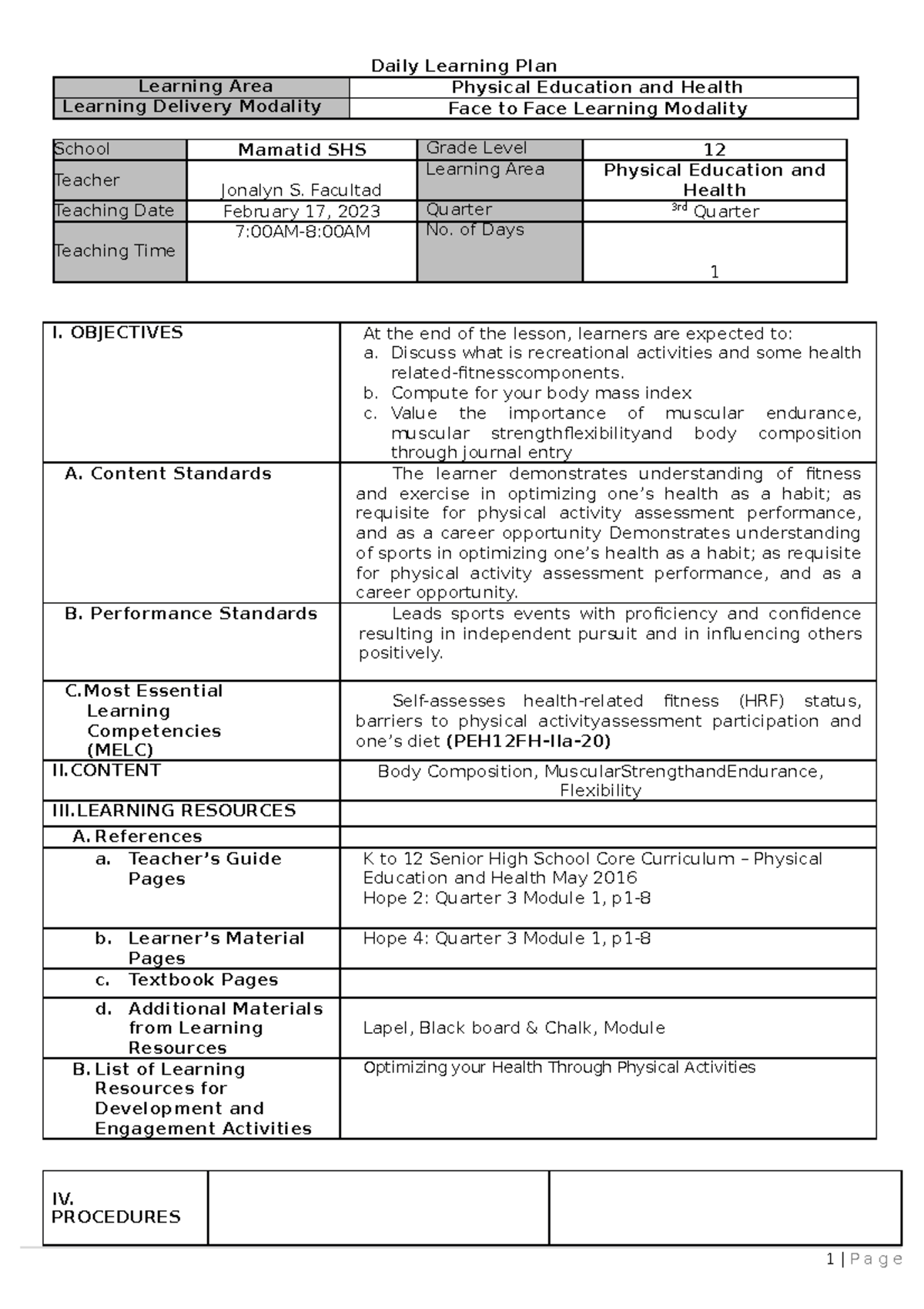 DLP-PE-12 Week 1 - Physical Education Learning Objectives & Activities ...