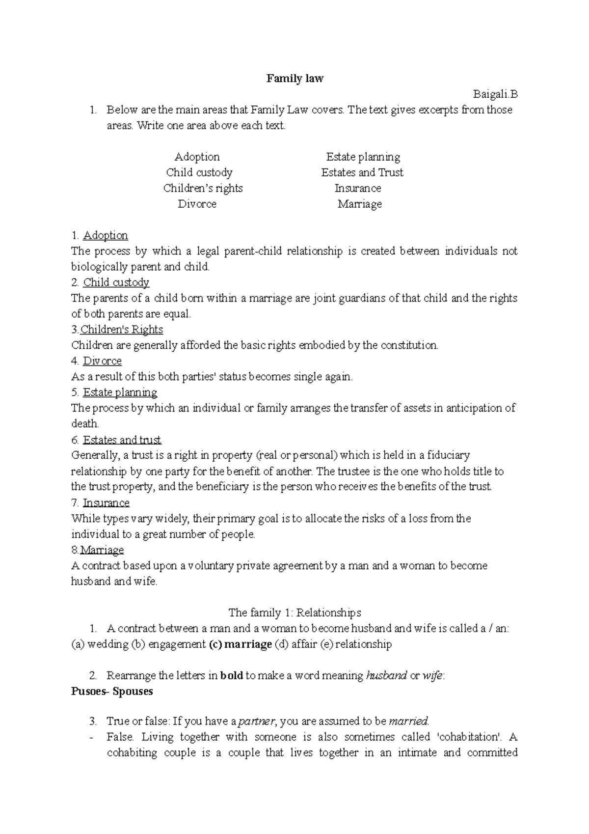 Family law exercises - Family law Baigali Below are the main areas that ...