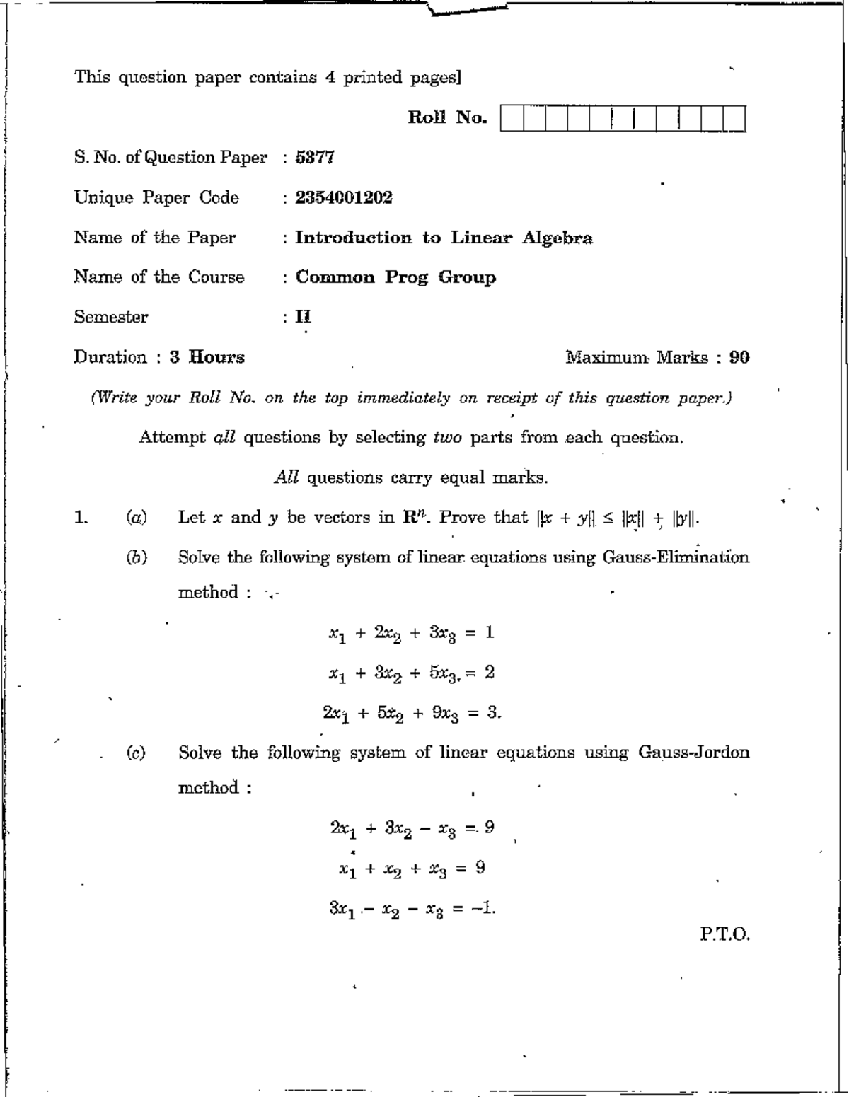 Introduction to Linear Algebra - Practice Questions (Course Code ...