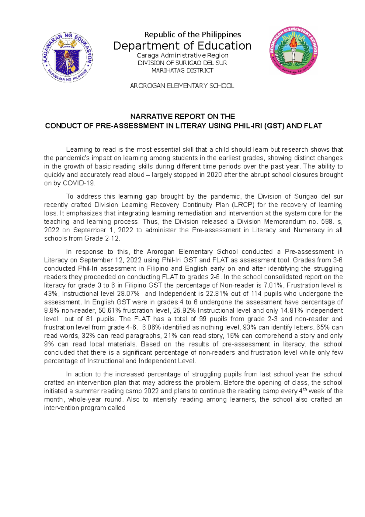 Narrative report on reading - Republic of the Philippines Department of ...