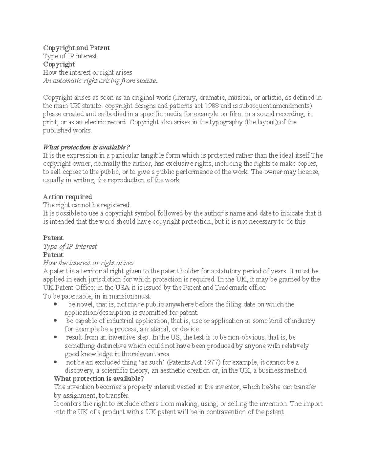 Unit 7 - ,aw - Copyright and Patent Type of IP interest Copyright How ...