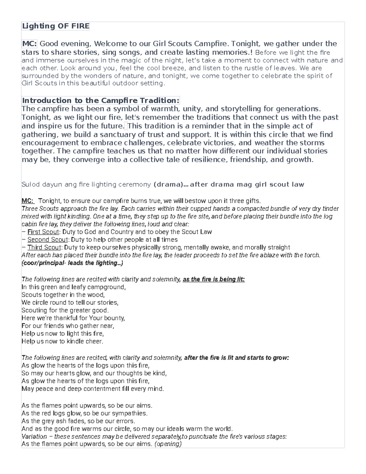 Campfire Ceremony Script for Girl Scouts Event - Studocu