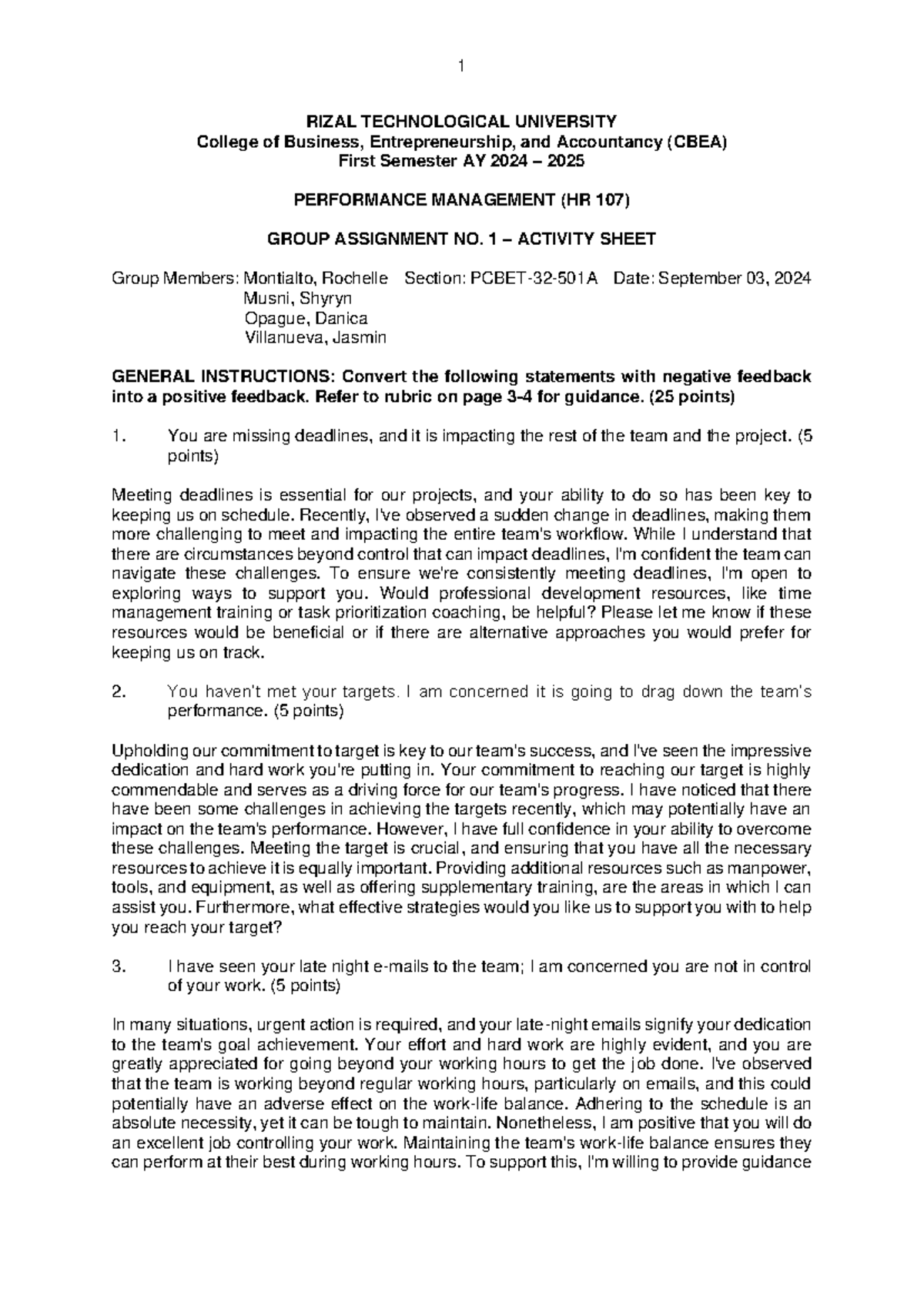 HR 107: Performance Management Group Assignment Activity Sheet - Studocu