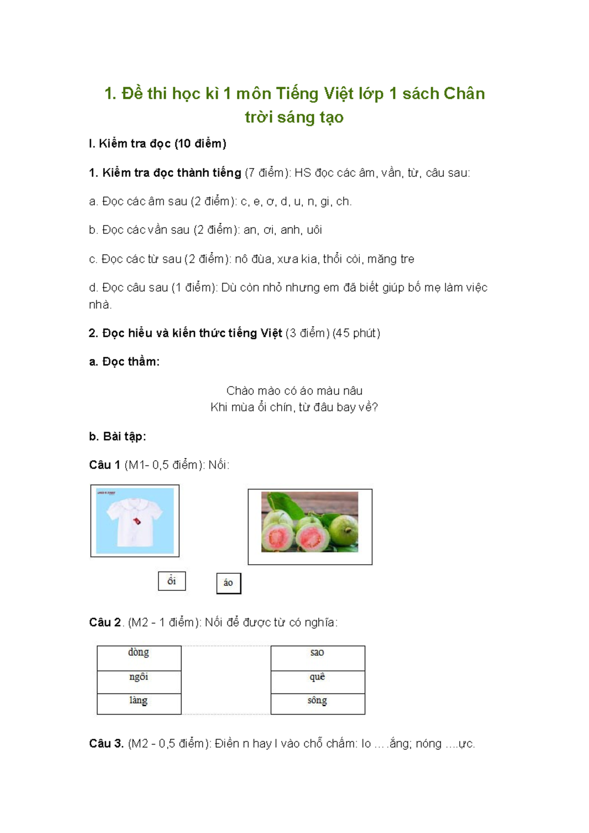 Đề thi Học kì 1 Tiếng Việt Lớp 1 - Chân trời sáng tạo - Studocu