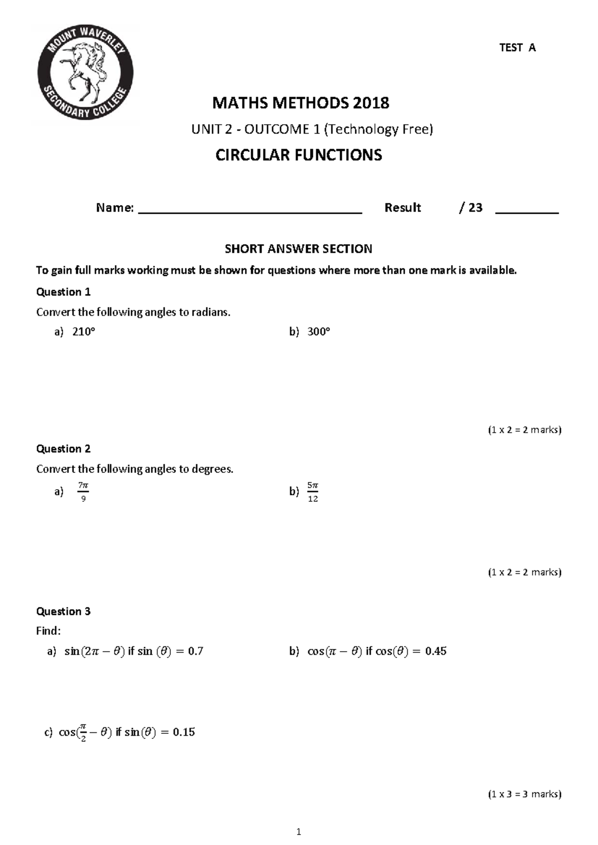MATHS METHODS 2018 Unit 2 Circular Functions TEST A Overview - Studocu