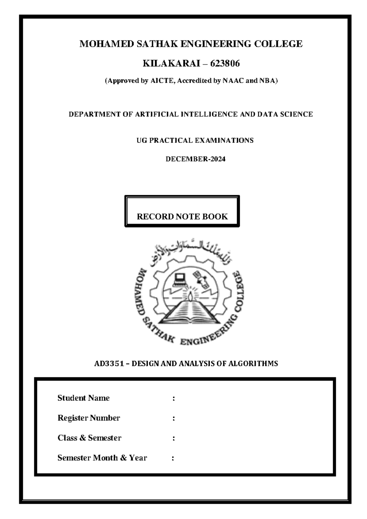 AD3351 Design and Analysis of Algorithms Lab Final Manual - Studocu