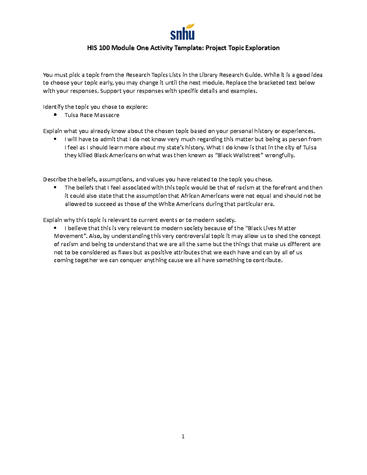 HIS 100 Module 1 - N/A - HIS 100 Module One Activity Template: Project ...
