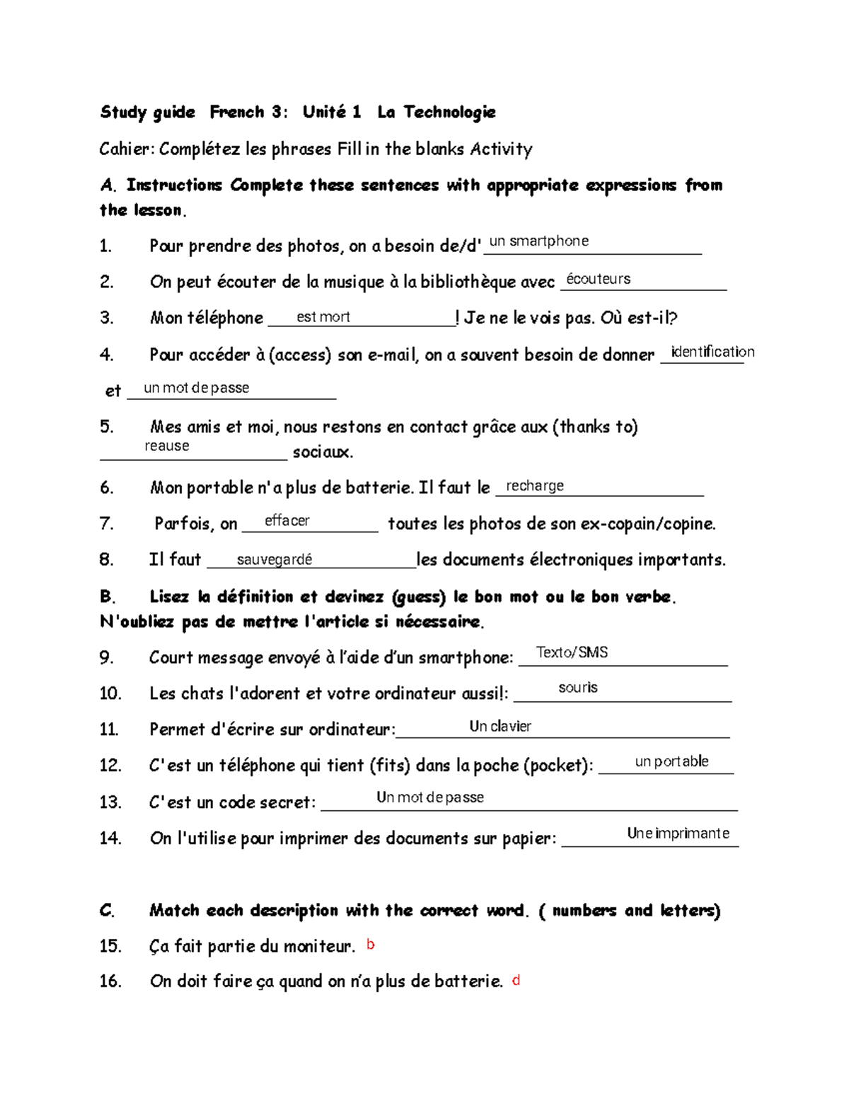 French 3: Study Guide for Unit 1 - La Technologie Activities - Studocu