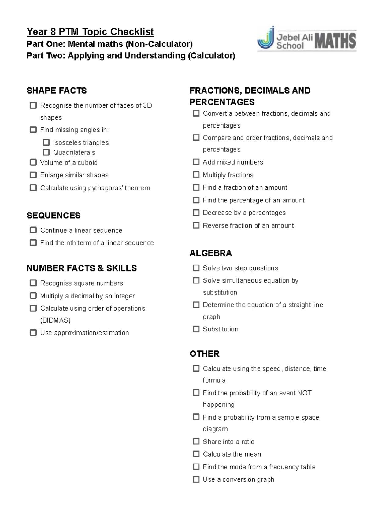 Year 8 PTM Topic Checklist: Mental Maths & Algebra Skills - Studocu