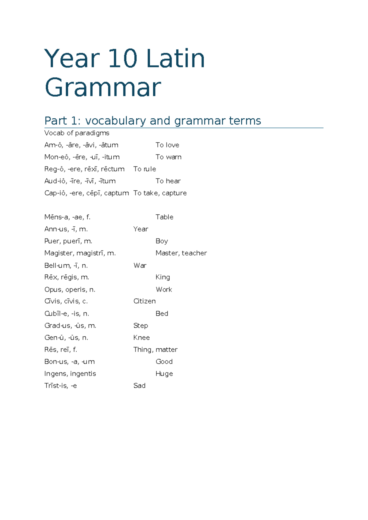 Year 10 Latin Grammar Part 1: Vocabulary & Grammar Terms - Studocu