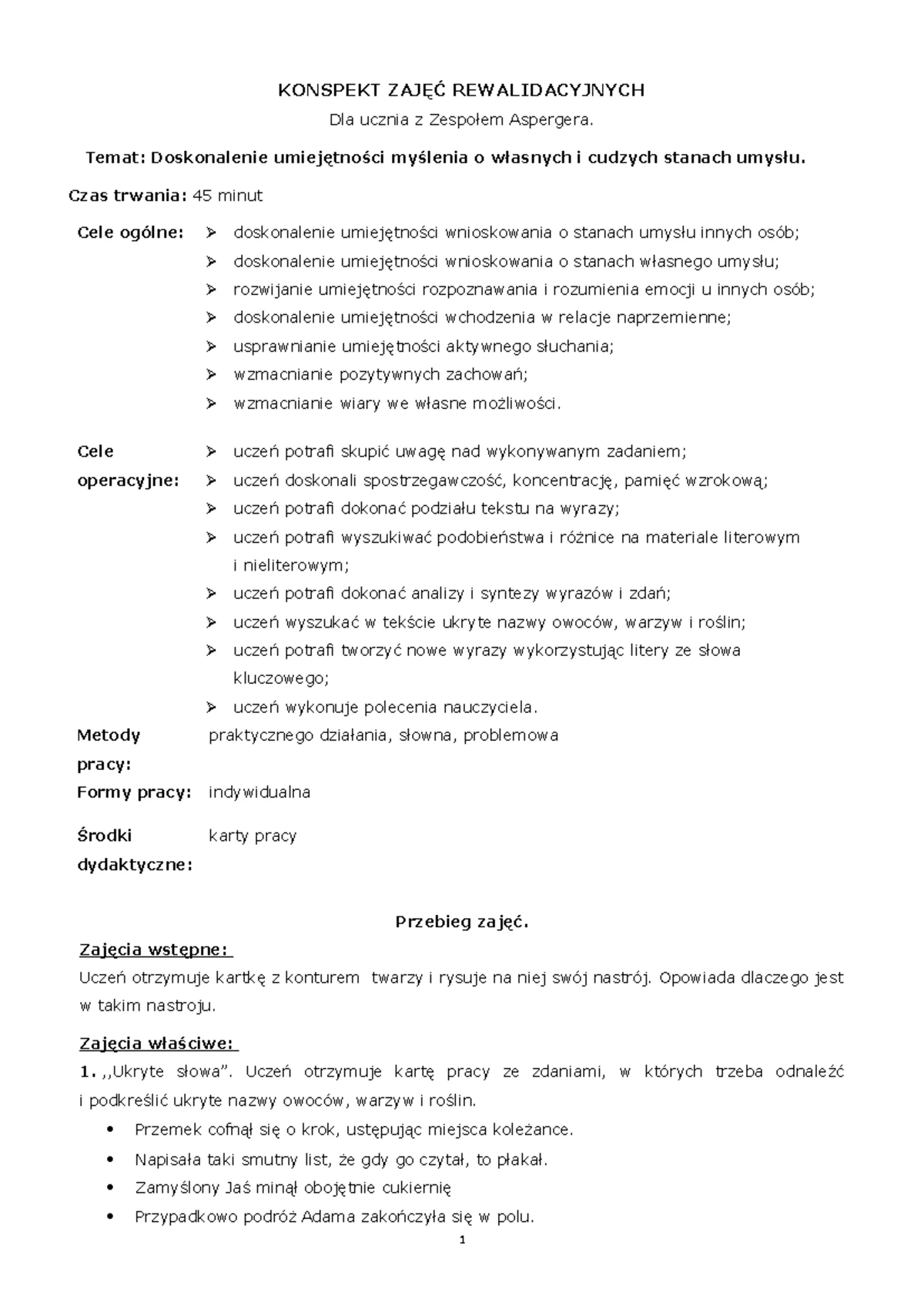 Konspekt ZAJĘĆ Rewalidacyjnych: Utrwalenie orientacji przestrzennej - Studocu