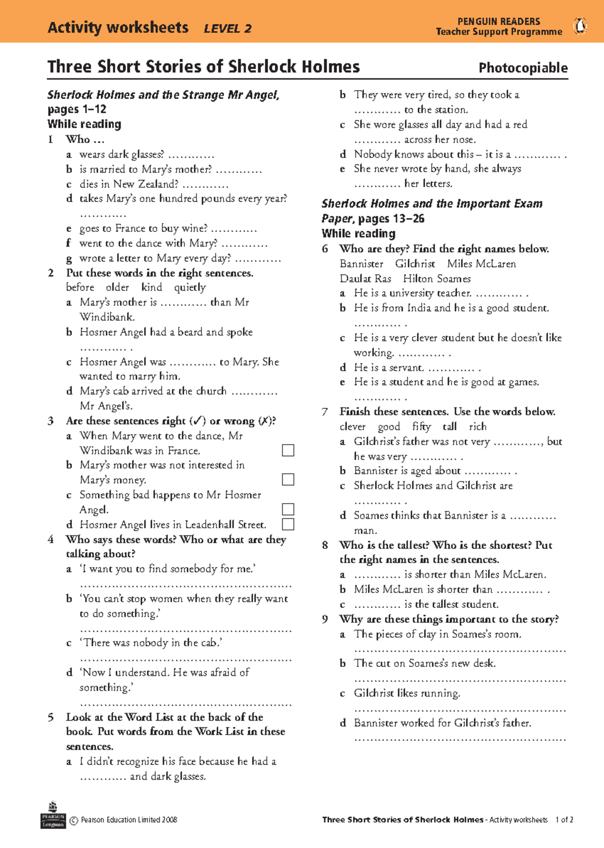 Three Short Stories of Sherlock Holmes - Activity Worksheets - Studocu