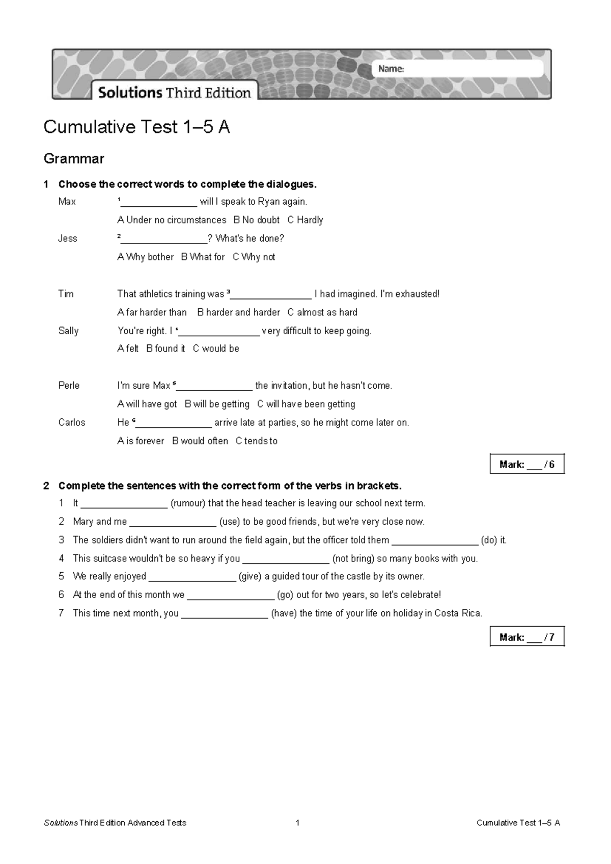 Cumulative Test A: Grammar & Vocabulary Solutions (Sol3e Adv) - Studocu