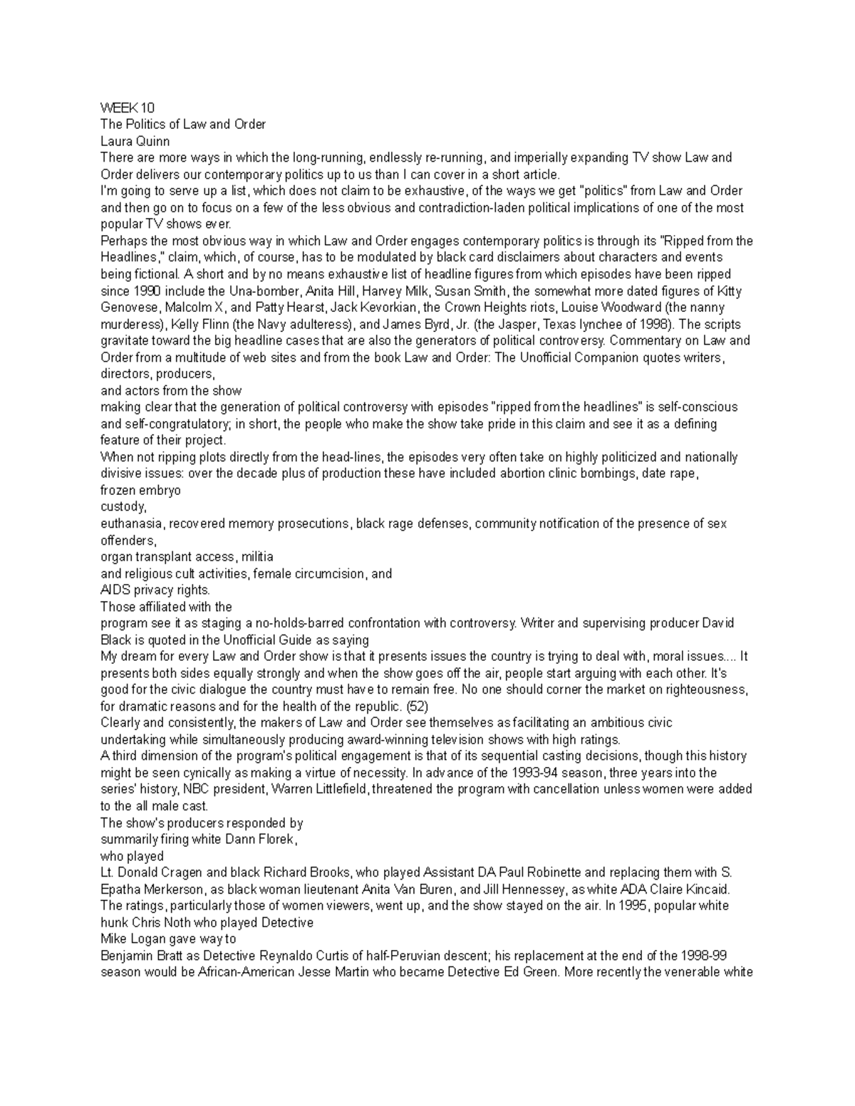 WEEK 10 POLISCI 2144A: The Politics of Law and Order in TV Media - Studocu