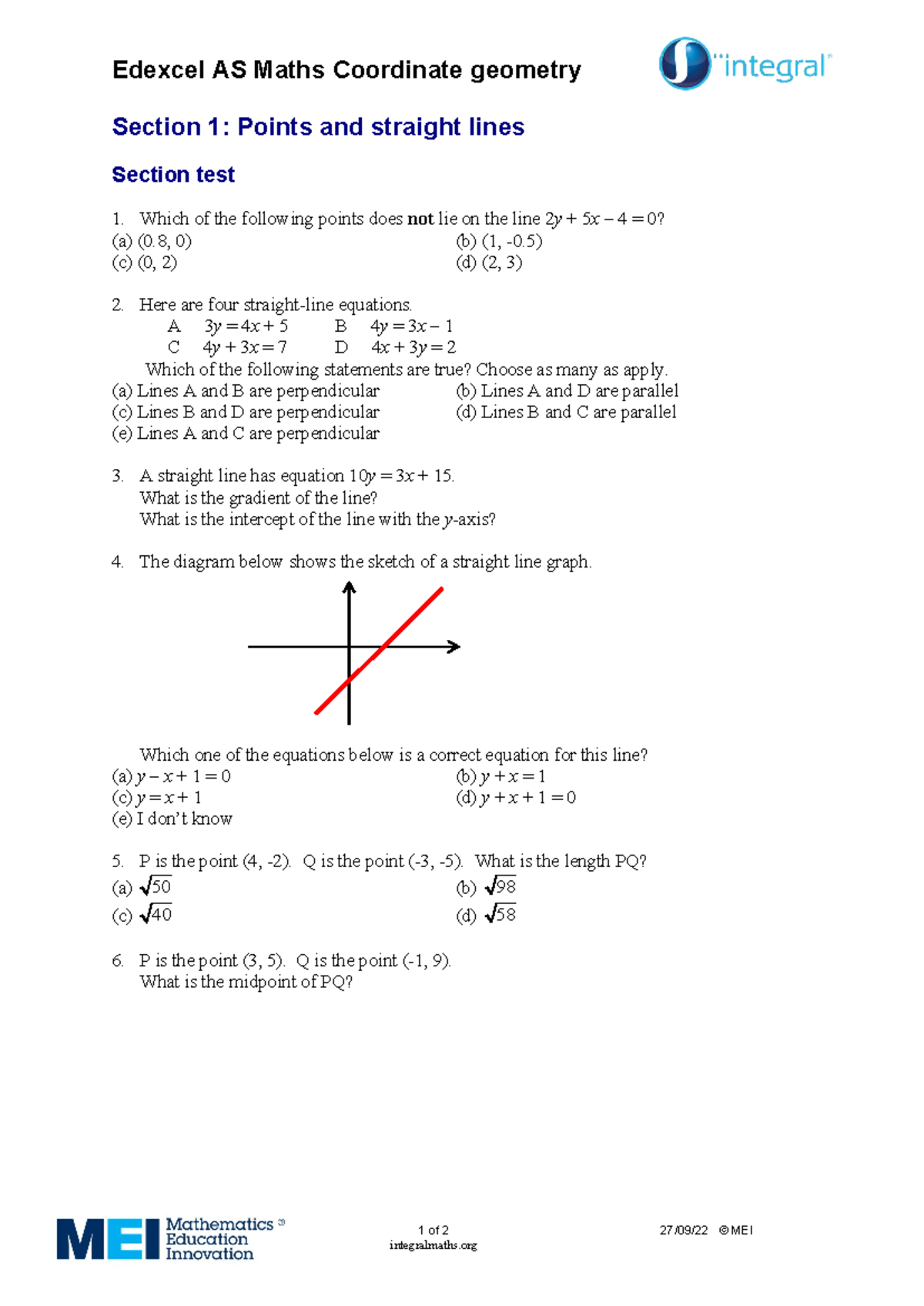 Edexcel AS Maths C1 Coordinate Geometry Section Test 1 - Studocu