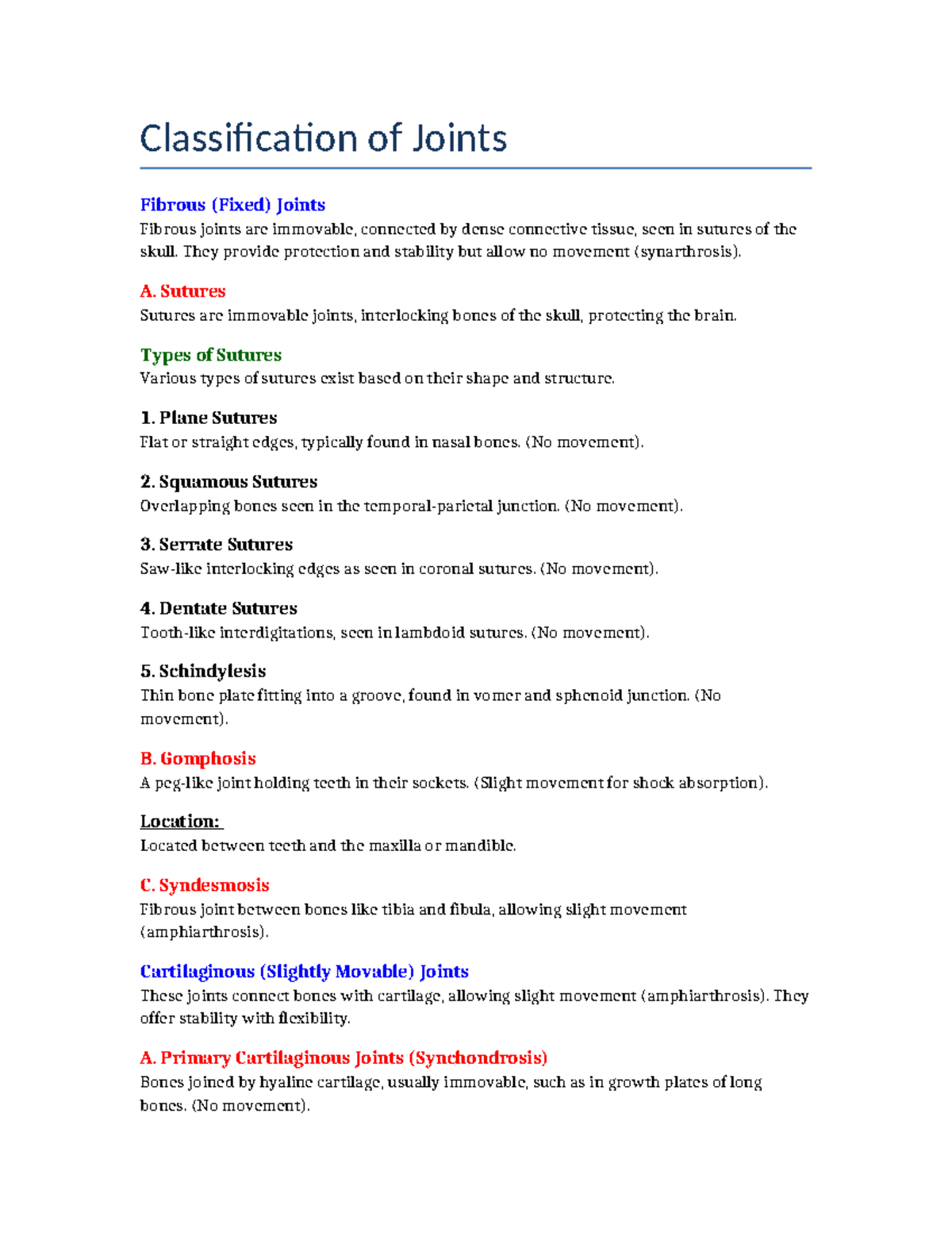 Joint Classification - Overview - Classification of Joints Fibrous ...
