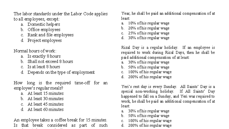 Quiz on Labor Standards under the Labor Code - Studocu