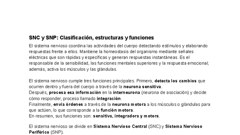 SNC y SNP: Funciones y Estructuras del Sistema Nervioso - Studocu