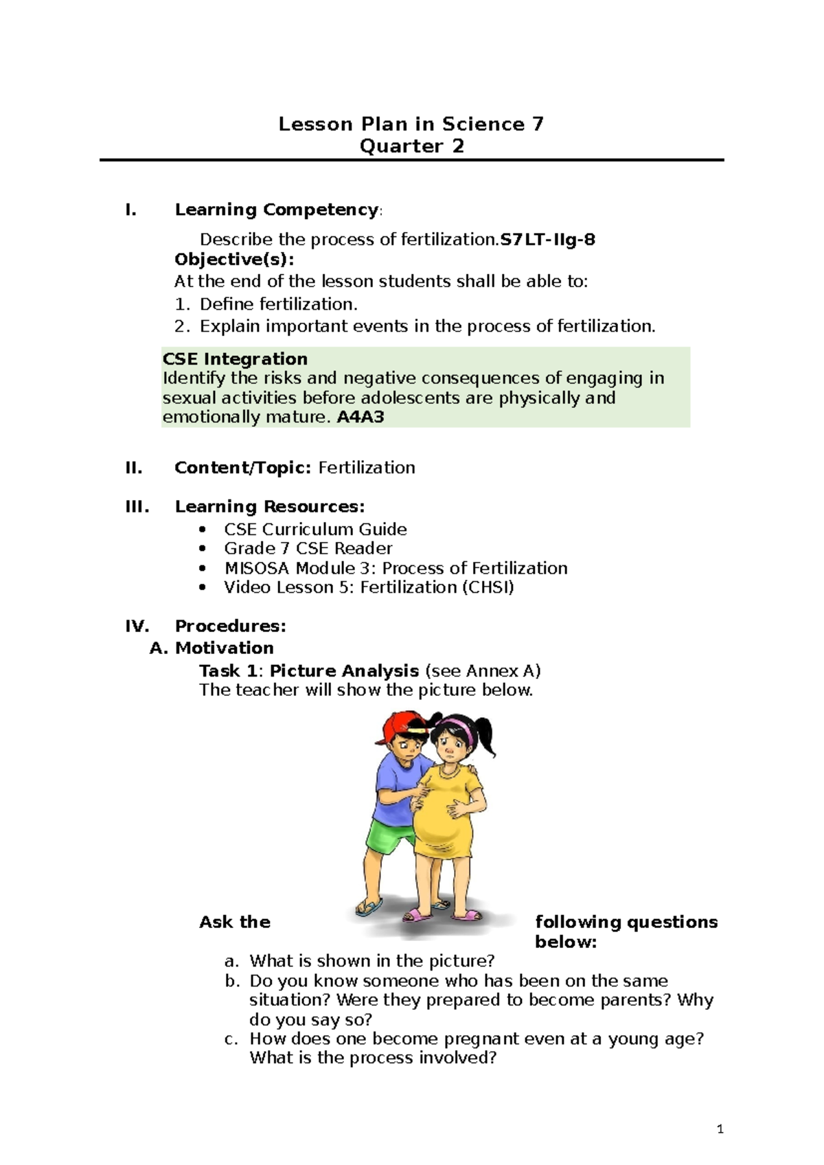 SCI CSE DLP G7 - Lesson Plan on Fertilization Process - Studocu