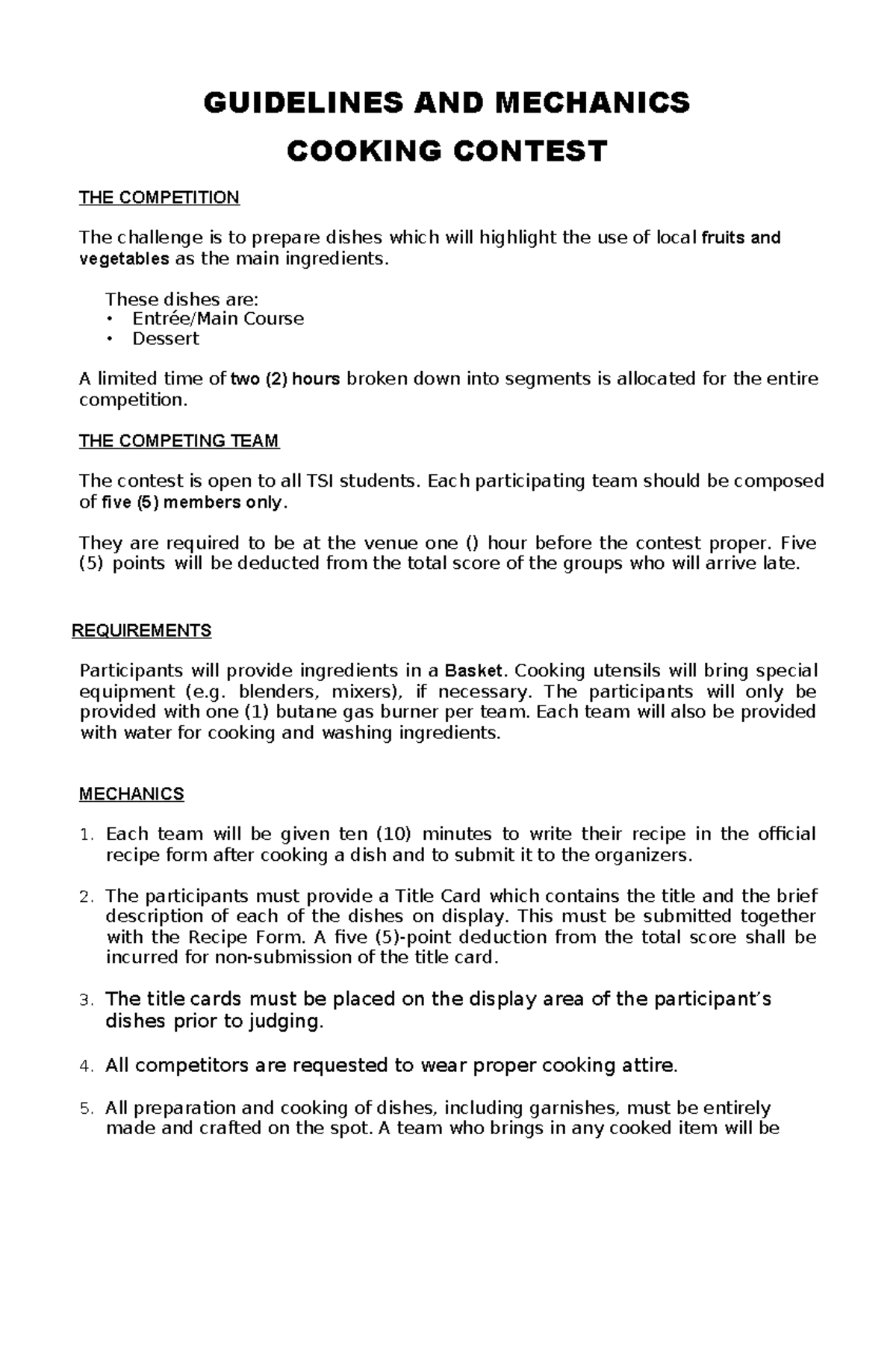 Cooking Contest Guidelines & Mechanics for TSI Students - Studocu
