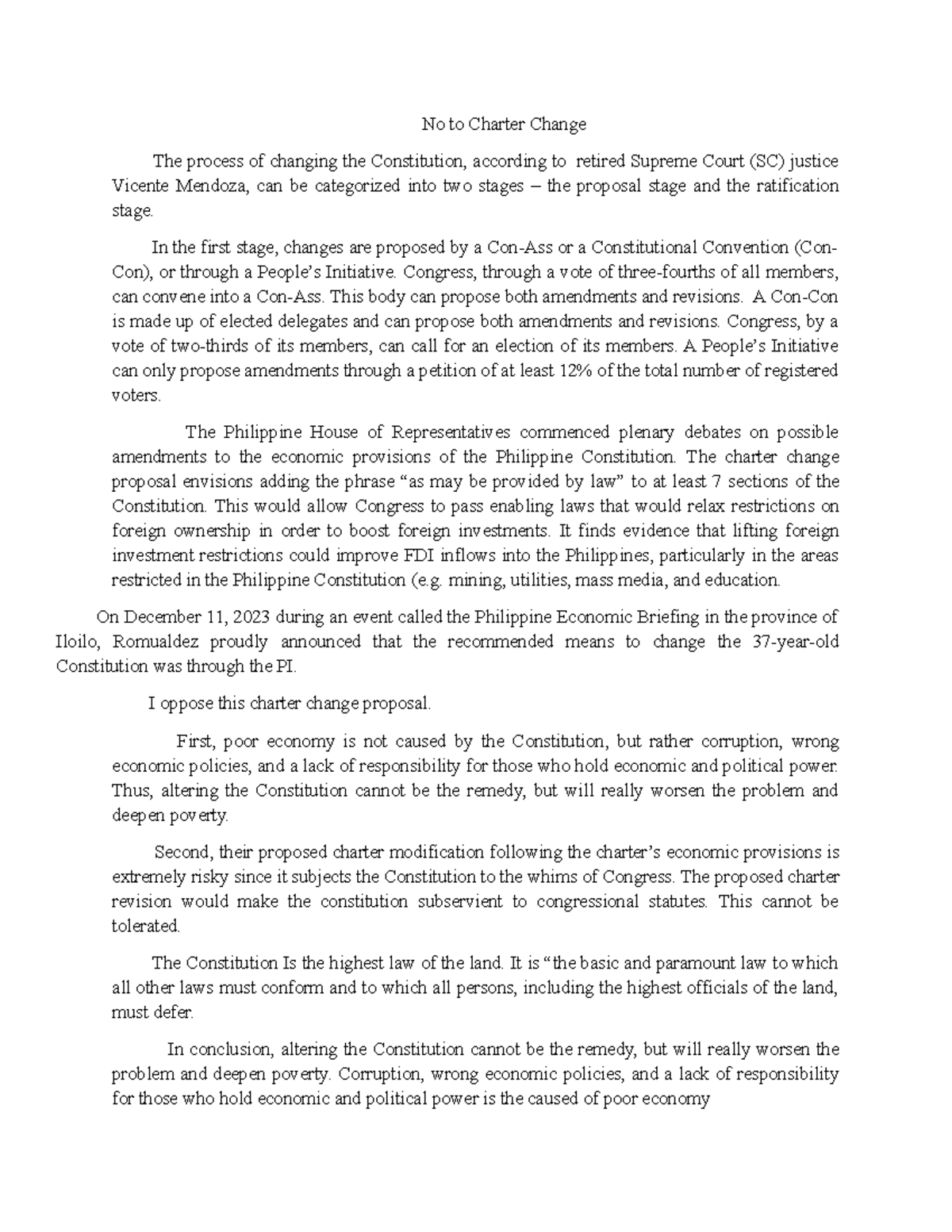Position Paper - Summary on Charter Change Opposition in the PH - Studocu