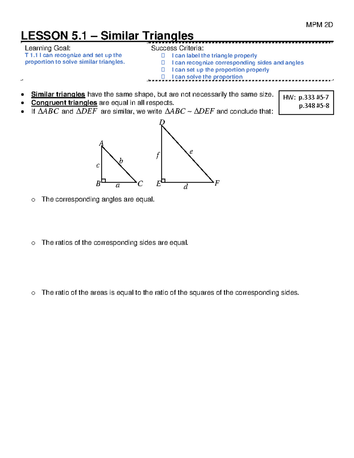 MPM 2D - Lesson 5.1: Understanding Similar Triangles and Proportions ...