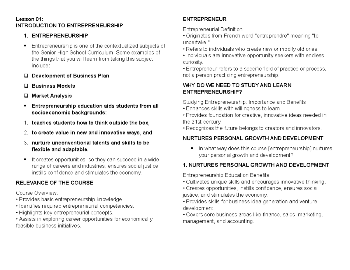 ENTR 101: Introduction to Entrepreneurship - Lesson 01 Overview - Studocu