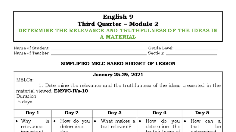 English 9 Q3 Module 2: Evaluating Relevance & Truthfulness in Texts ...