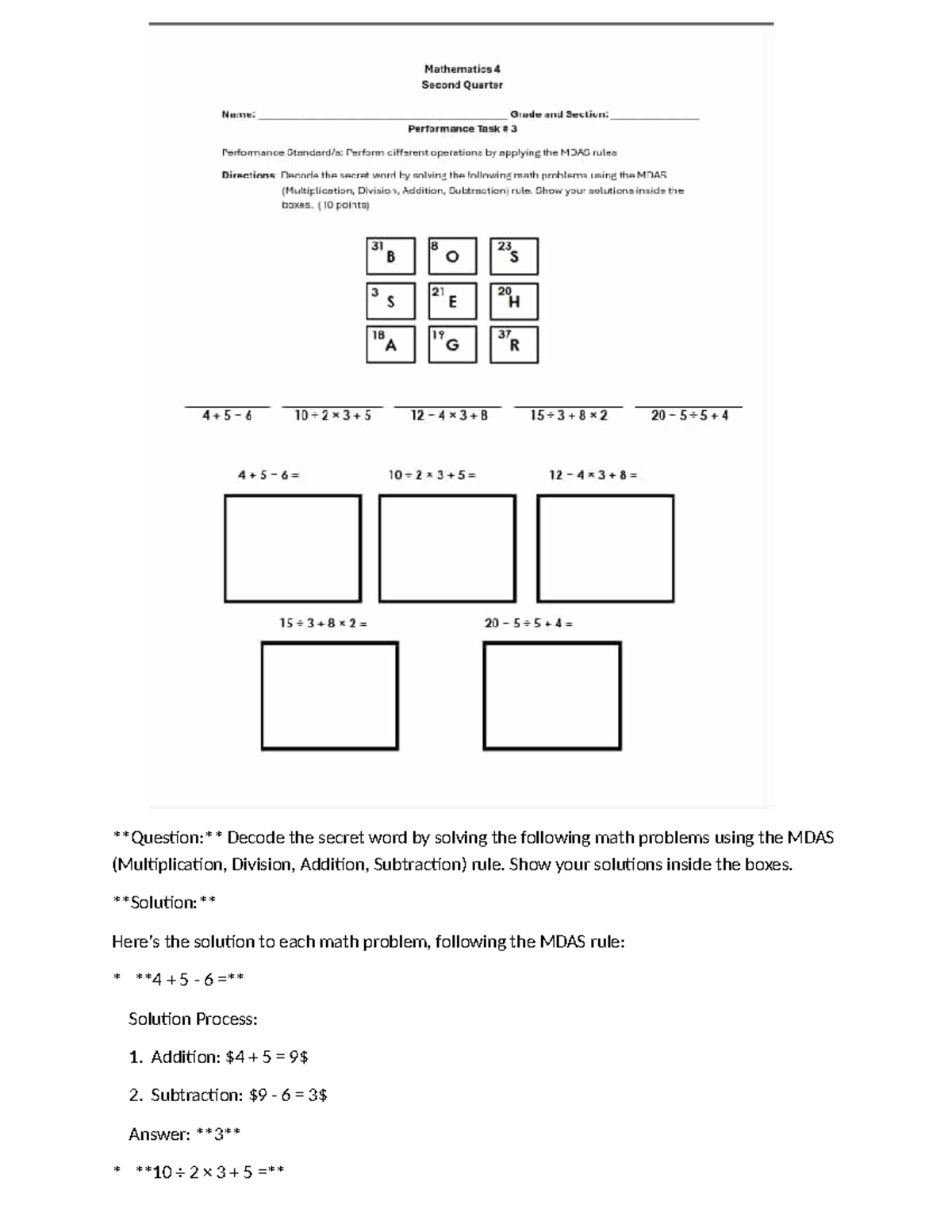 MDAS Math Problems: Decode the Secret Word with Solutions - Studocu
