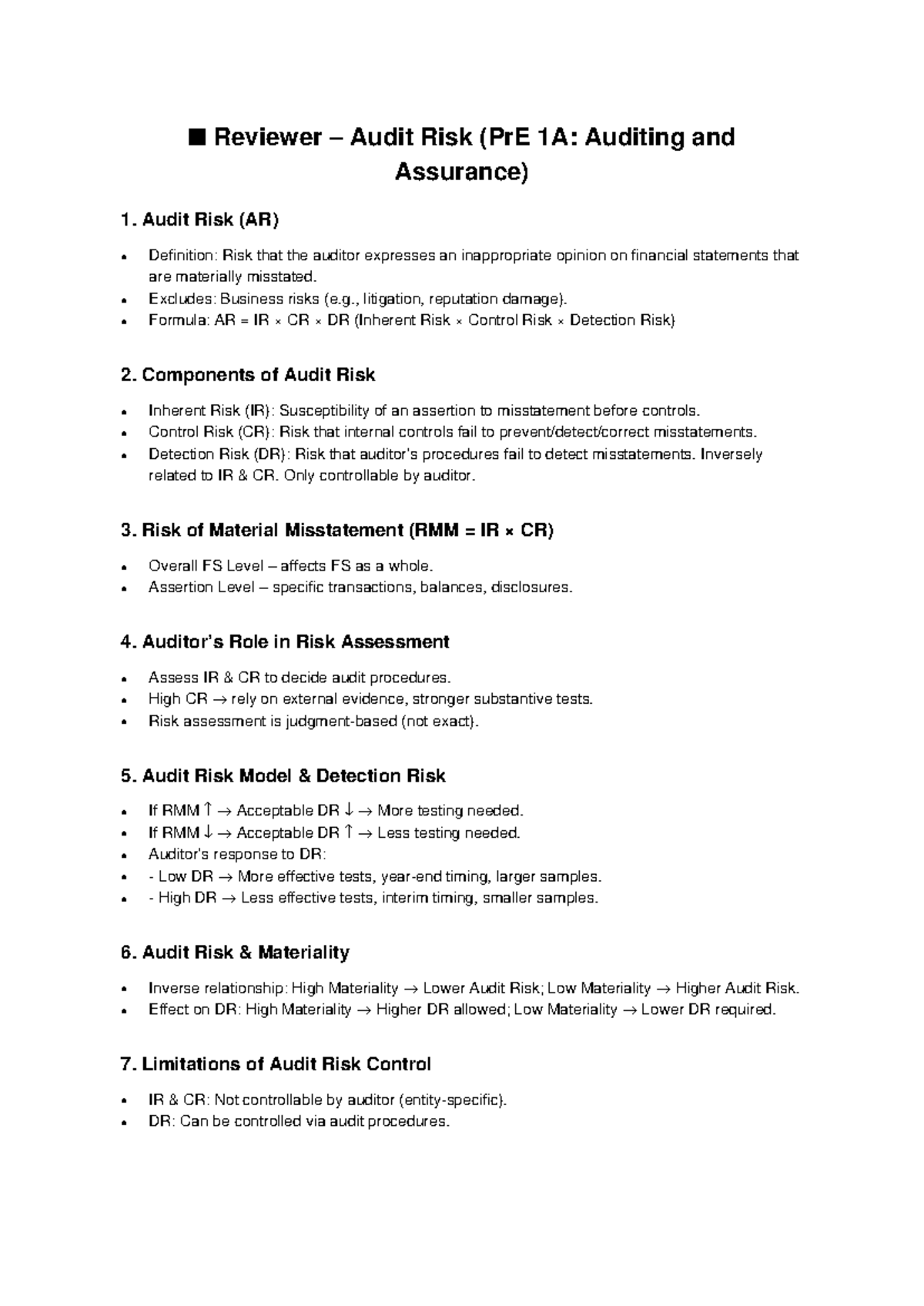 Audit Risk Reviewer (PrE 1A: Auditing and Assurance) - Studocu