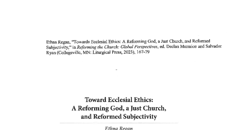 Ecclesial Ethics and Reform: Insights from Ethna Regan's Work - Studocu