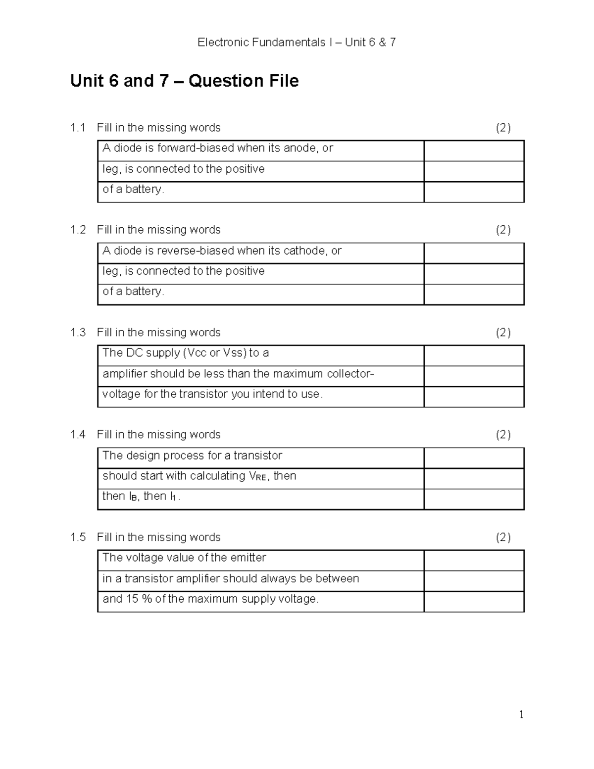 Electronic Fundamentals I: Unit 6 & 7 Question File - Studocu