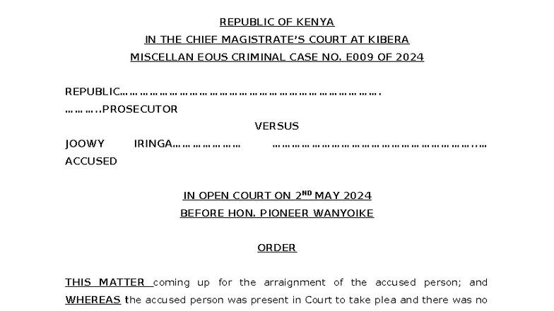 Joowy Order - REPUBLIC OF KENYA IN THE CHIEF MAGISTRATE’S COURT AT ...
