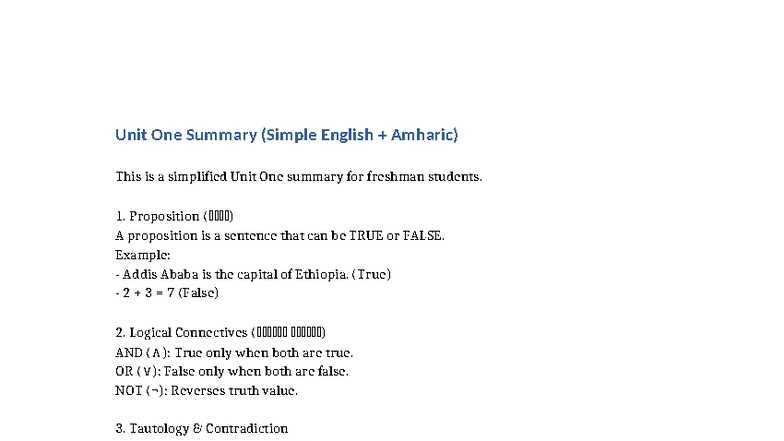 Unit 1 Summary: Simple English & Amharic Concepts - Studocu