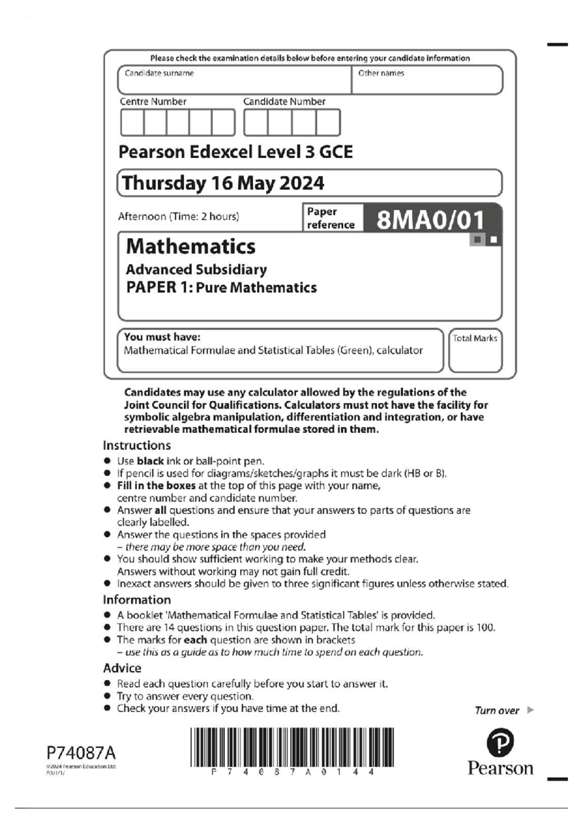 AS 2024 Maths Pure P1 Exam Instructions and Guidance - Studocu