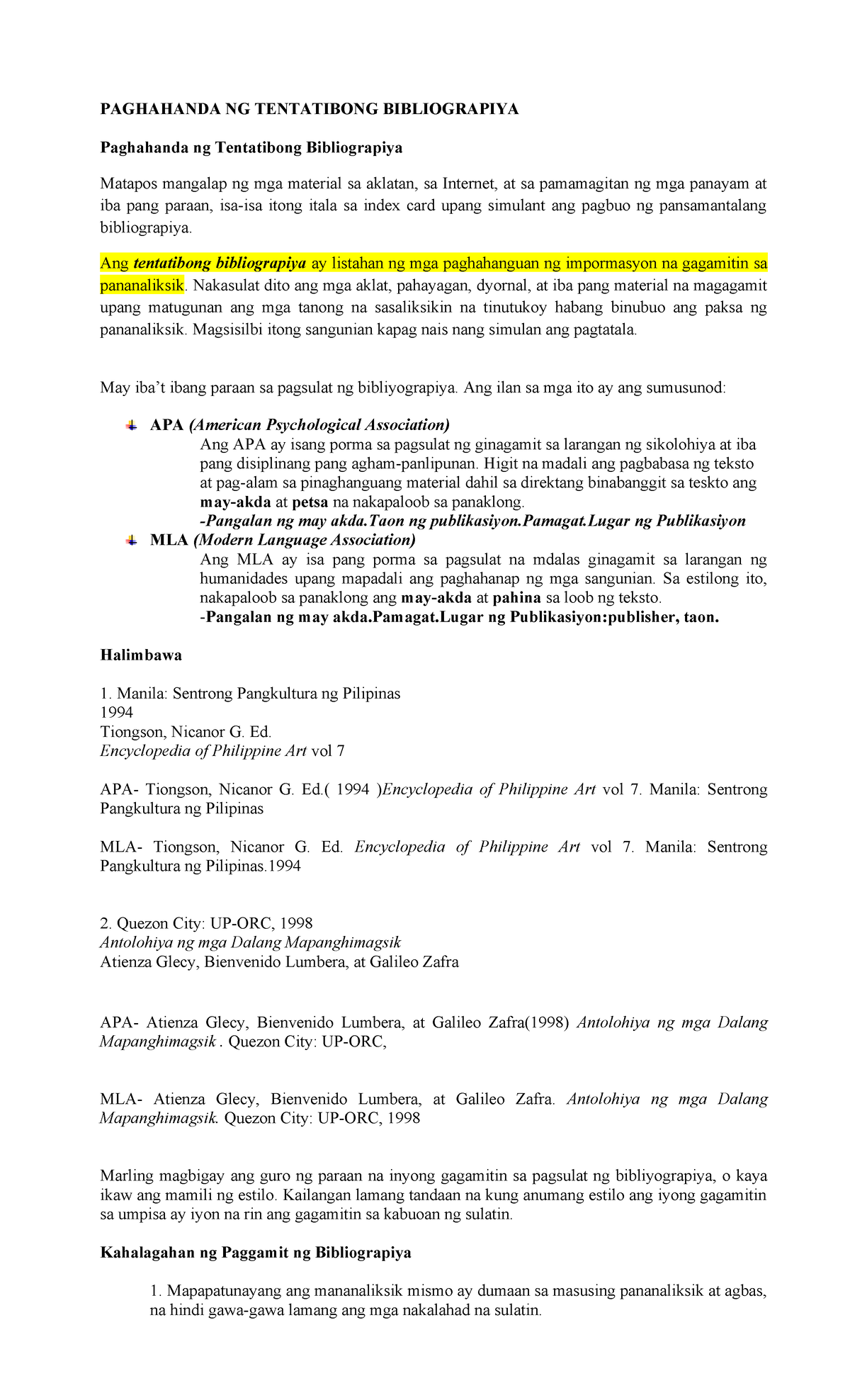 Paghahanda ng Tentatibong Bibliograpiya: MLA/APA Format Guide - Studocu