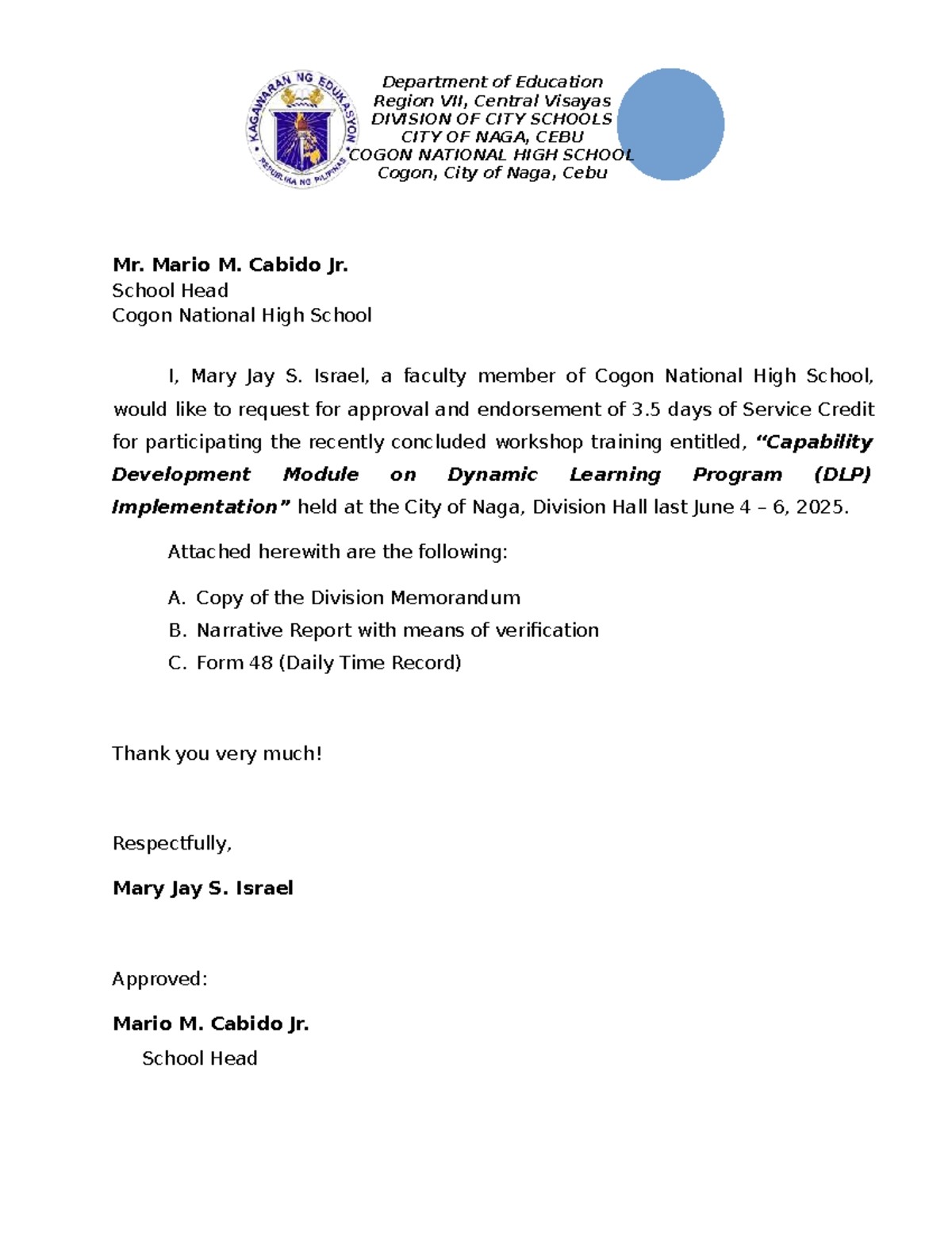 Service- Credit- Letter - Department of Education Region VII, Central ...
