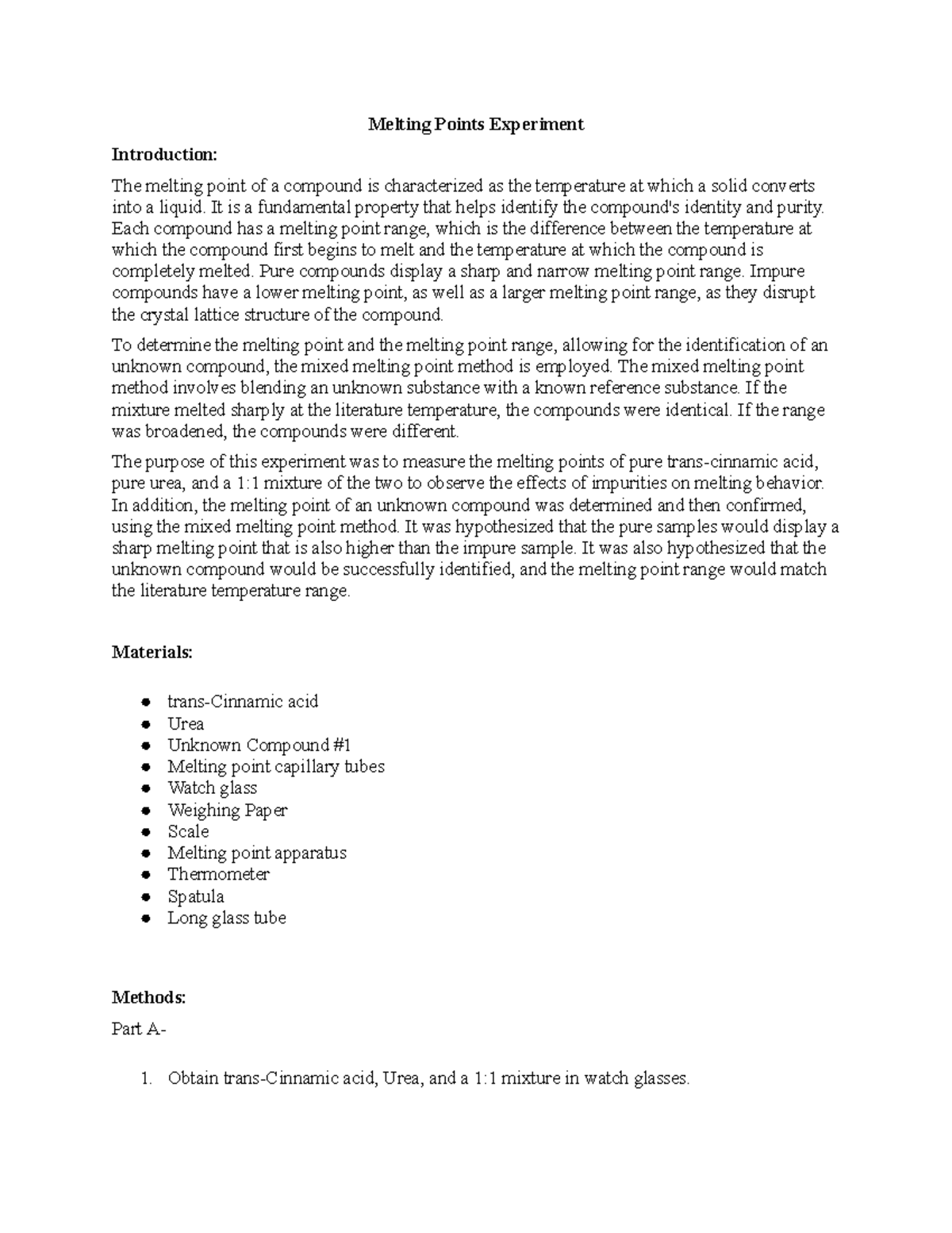 Organic Chemistry Lab Report 1: Melting Points Experiment Analysis ...