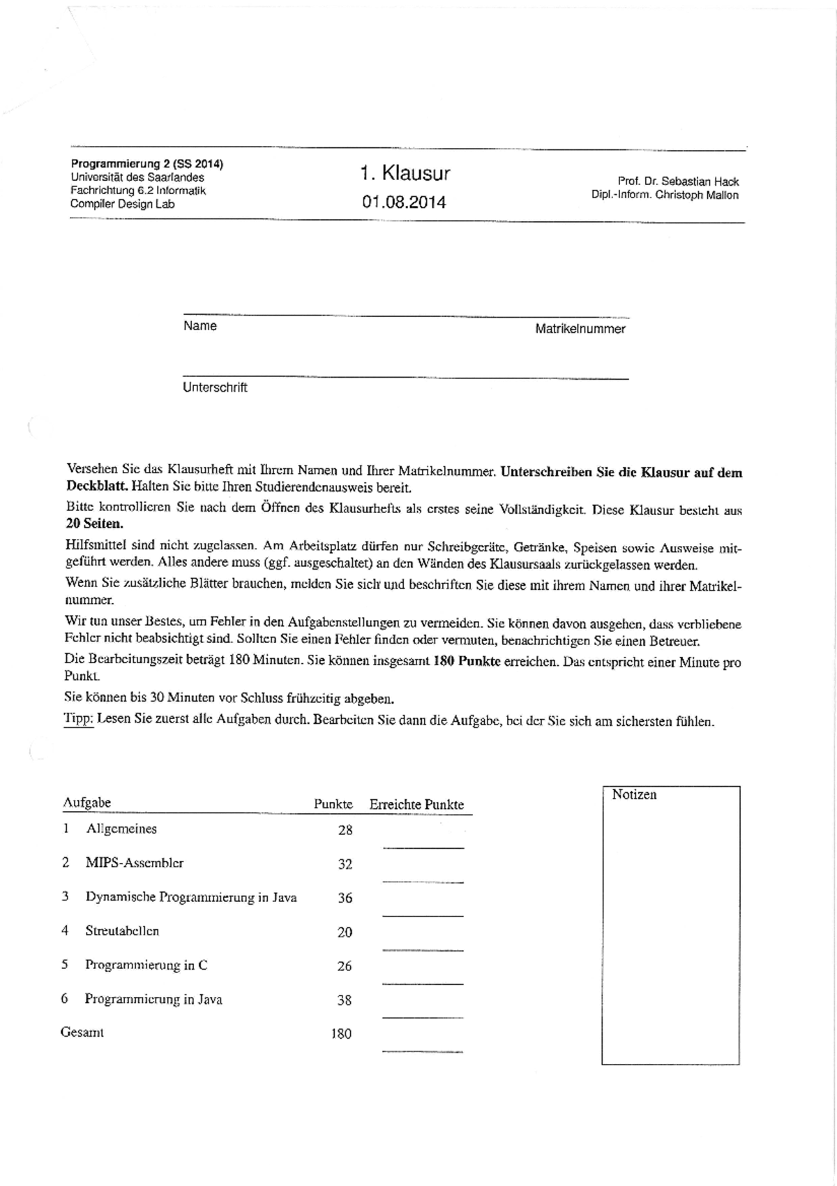 Klausur 1 August Sommersemester 2014, Fragen - Programmierung 2 (SS 2014) Universitét des ...