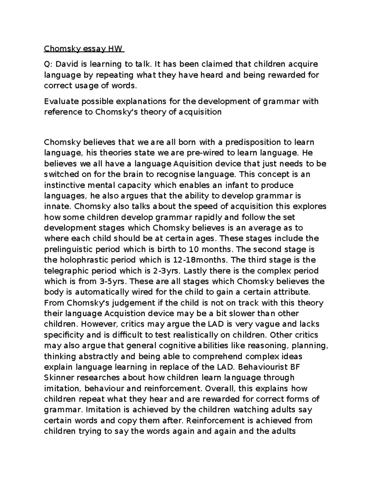 Chomsky theory essay - Chomsky essay HW Q: David is learning to talk ...