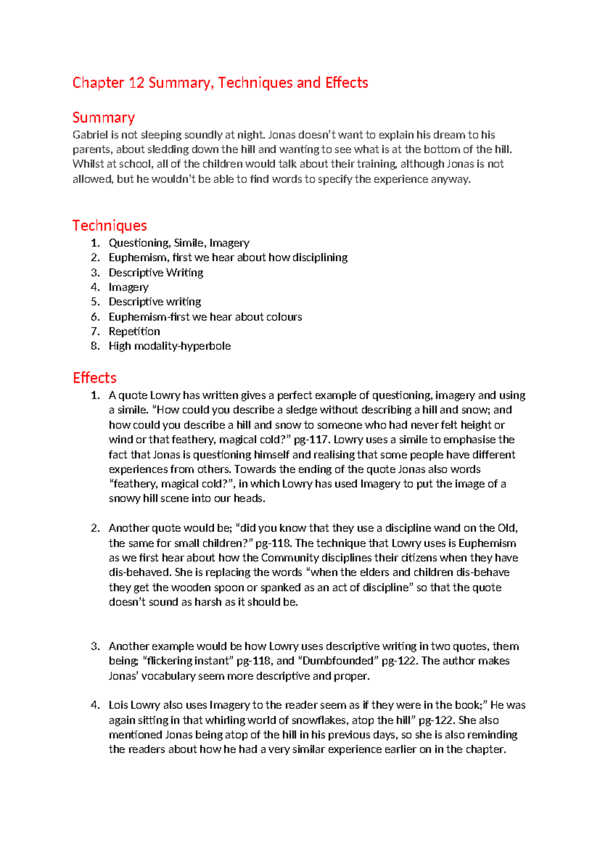 Chapter 12 Summary & Analysis - The Giver Techniques and Effects - Studocu