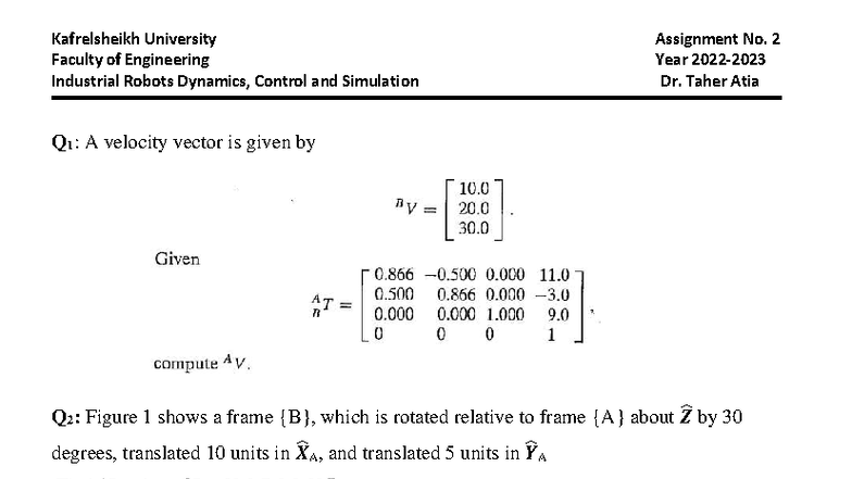 KAFU ENG 2023: Assignment 2 on Robots Dynamics and Control - Studocu