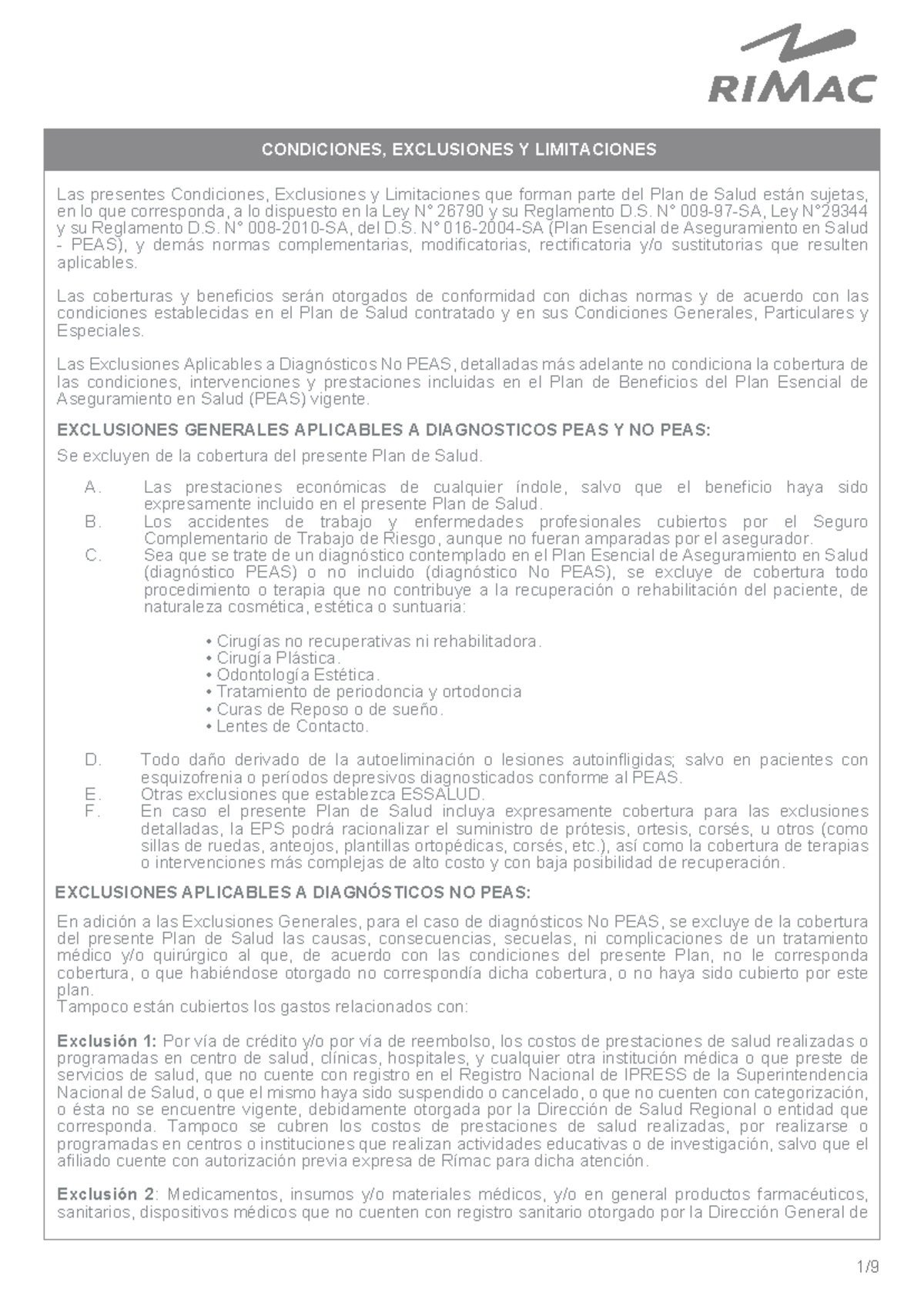 Exclusiones y Limitaciones del Plan de Salud PEAS - EPS - Studocu