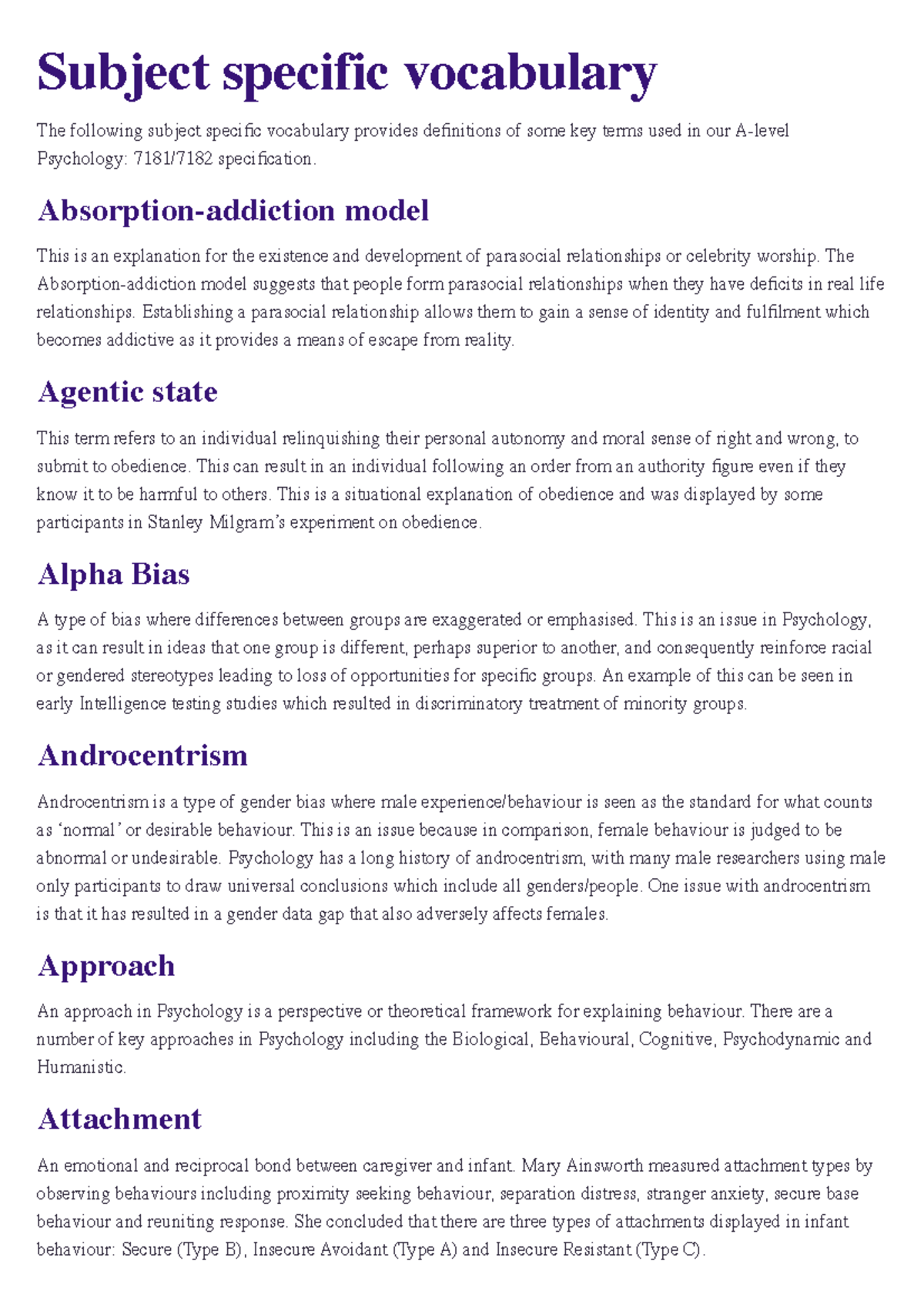 Psychology Vocabulary Guide: Key Terms and Concepts - Studocu