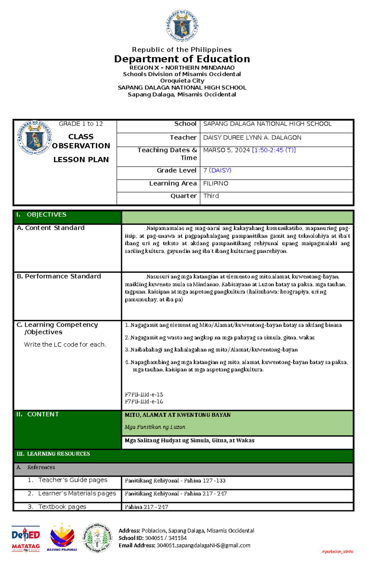 Class Observation 3 SY2023-2024 - Department of Education REGION X ...