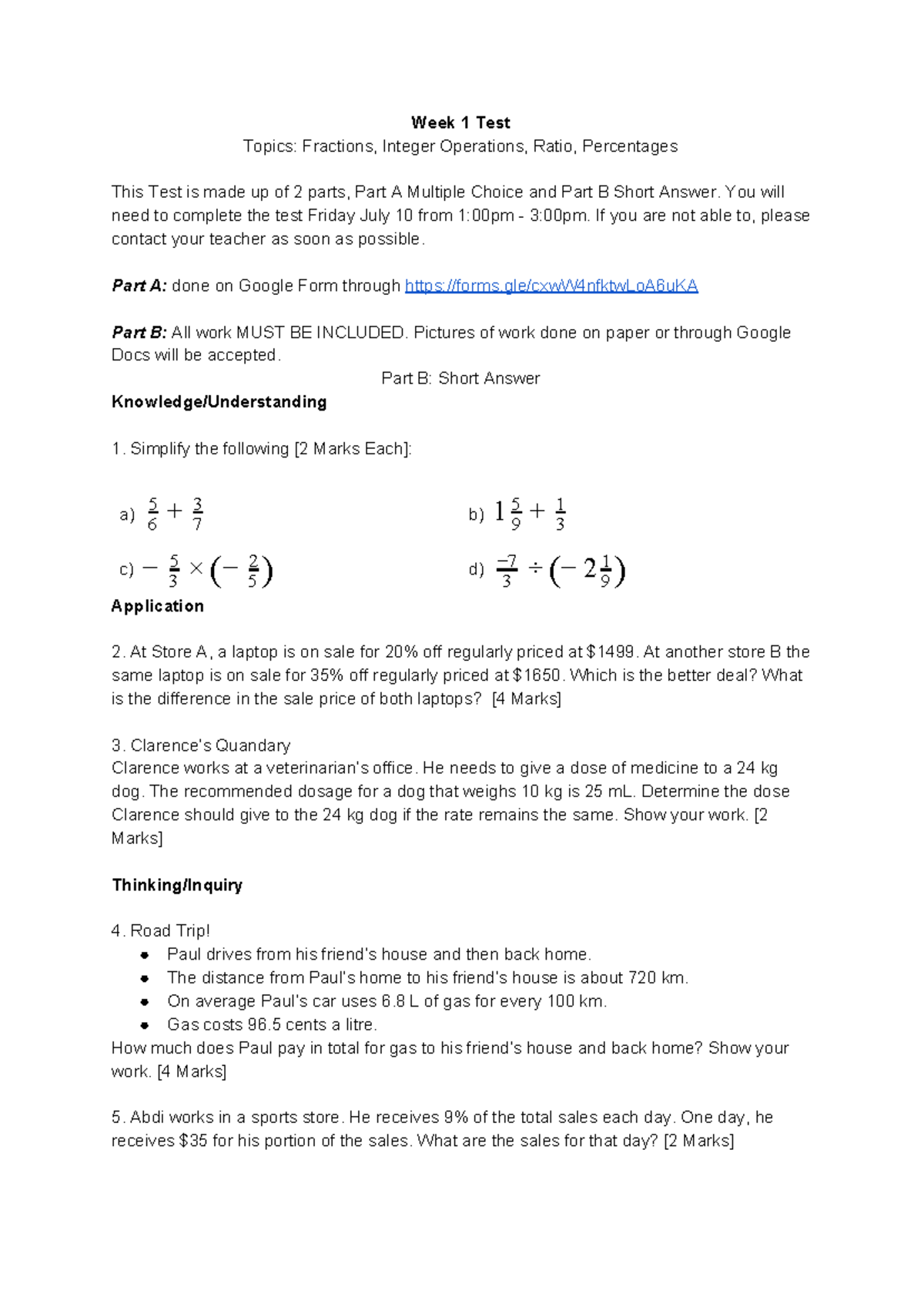 Week 1 Test: Fractions, Integers, Ratios & Percentages - Studocu