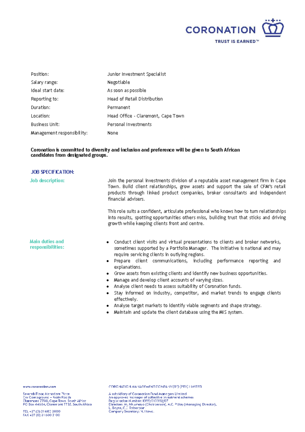 Junior Investment Specialist Position - CT 2026 Job Overview - Studocu