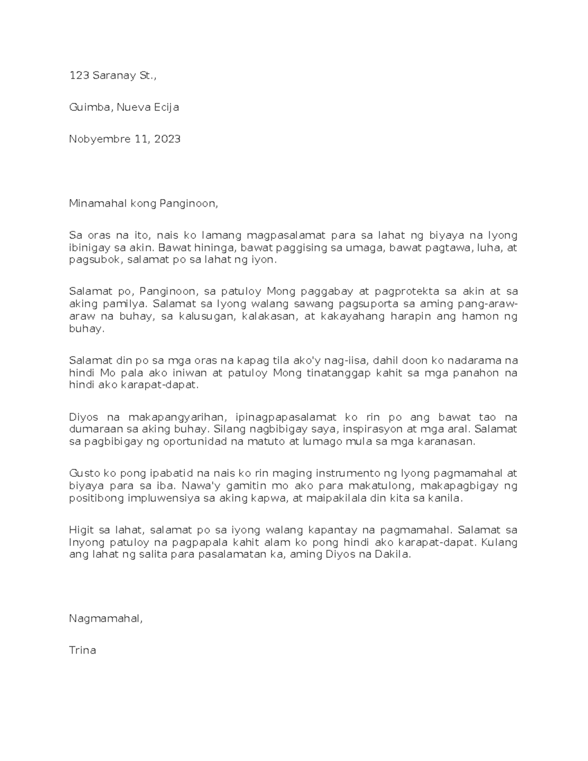 Liham Pasasalamat kay Panginoon: Isang Pagsasalamat at Pagninilay - Studocu