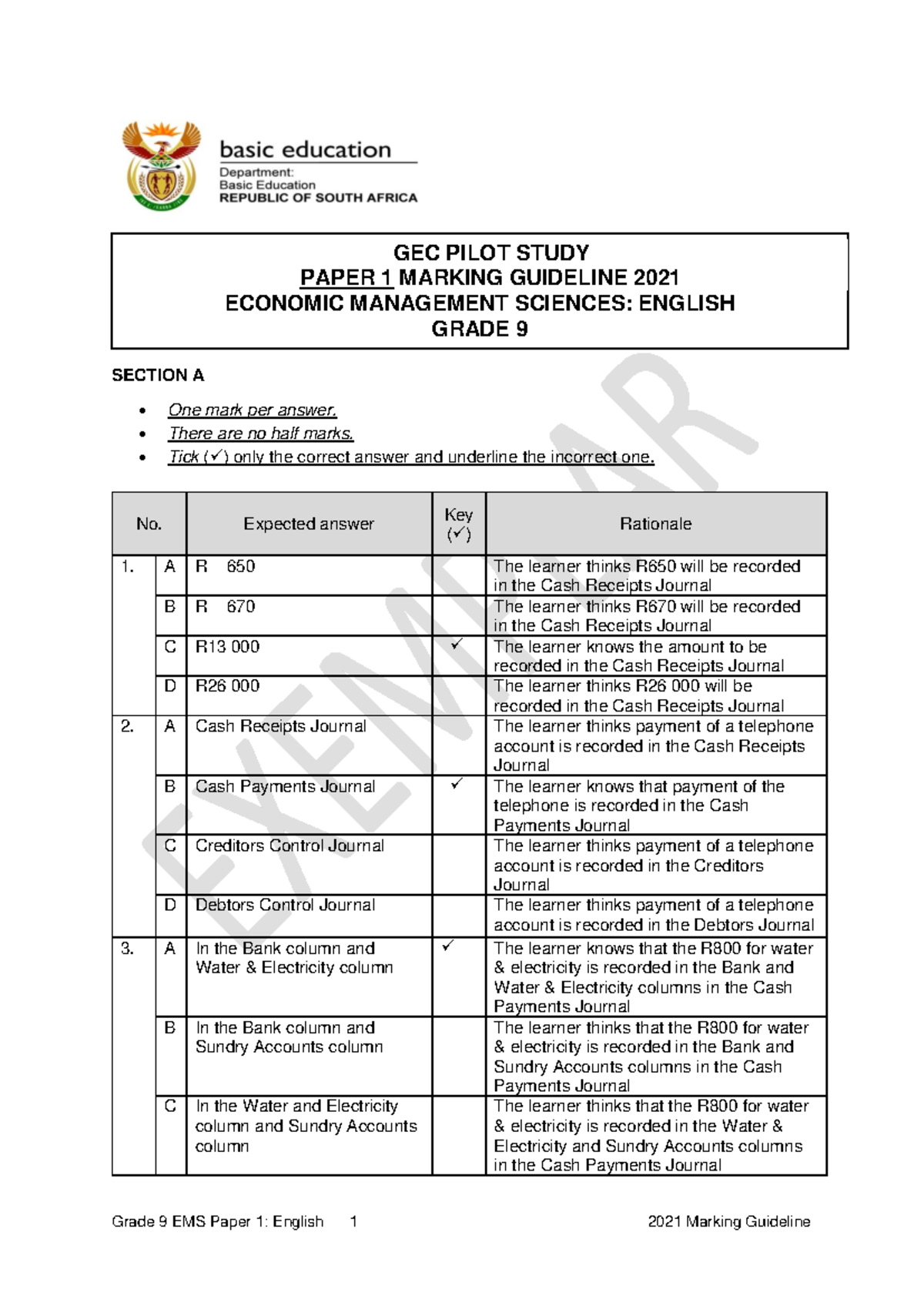 GEC GR 9 EMS 2021 Final Exam Marking Guideline Paper 1 - Studocu